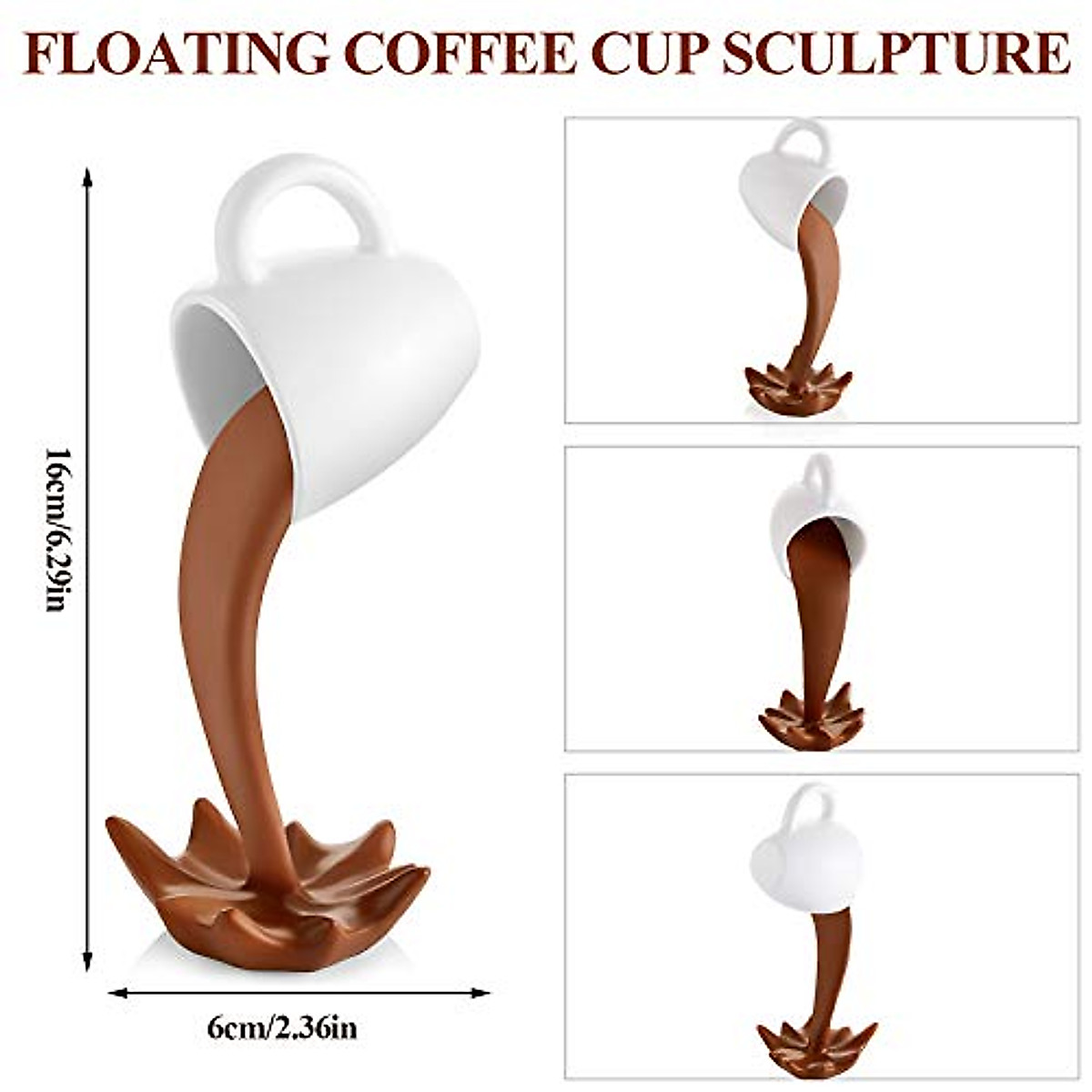 Jetec Floating Coffee Cup Sculpture Decoration Spilling Coffee Cup Sculpture Plastic Pouring Coffee Mugs Pouring Splash Coffee Cup Kitchen Decor for Family Friend Coffee Lover (Brown)