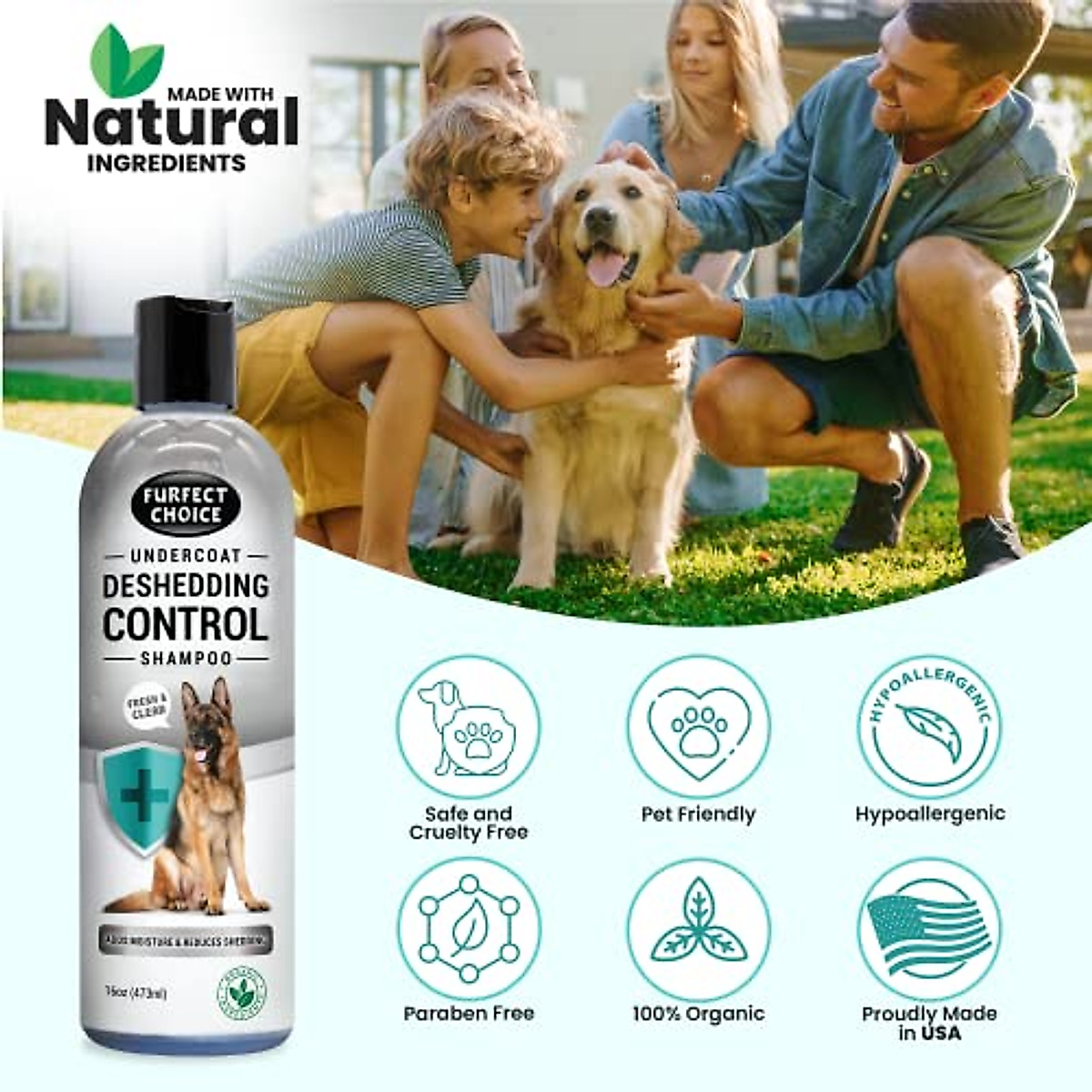 Furfect Choice Undercoat Deshedding Control Dog Shampoo - Rich in Omega 3 & 6 - Infused with Vitamin E - Made in USA - 16oz