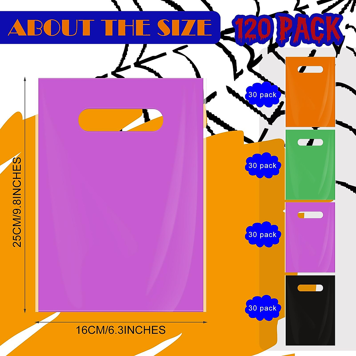 Gilprop 120 Pieces Plastic Halloween Bags Bulk Halloween Bags Black Orange Green and Purple Candy Bags with Handle for Halloween Party Supplies Decoration(Halloween)