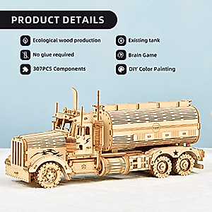 eaclqins 3D Wooden Puzzle Truck Model Kit - Self Build Vehicle Kit, Christmas/Birthday Brain Teasers and Puzzles for Adults and Teens Gift Puzzles. (Tank Truck)