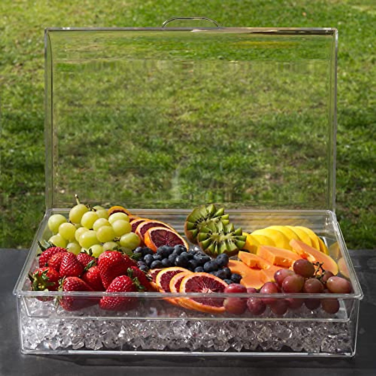 Ice Chilled Party Platter - Large Removable Serving Tray and Hinged Lid | Ideal for Appetizers, Seafood, Cheeses, Meats, Desserts and More | 3 Tongs Included | Charcuterie Board