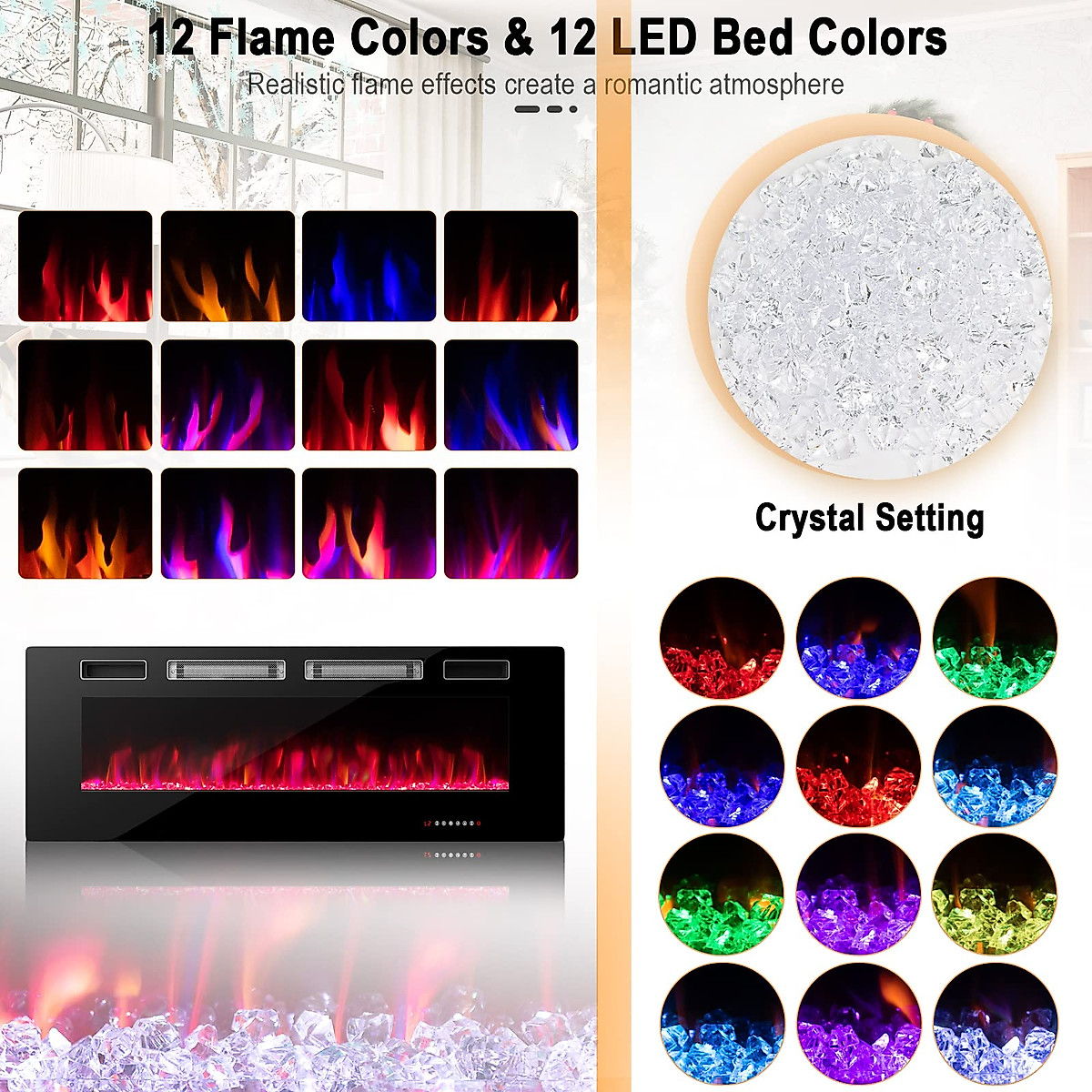 Tangkula 50 inches Electric Fireplace Insert, 3.19 Inches Ultra Thin Recessed & Wall Mounted 1400W Fireplace with Adjustable Flame Color & Speed, 12 H Timer,Remote Control,Touch Screen and WiFi App