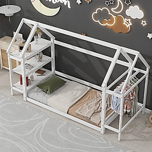 Mirightone Twin House Bed for Kids Montessori Floor Bed with Storage Shelves Twin Size Kids Bed Frame with 2 Detachable Stands Wood House Bed for Girls Boys Children, White