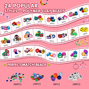 Gionlion 1000PCS Polymer Clay Beads Bracelet Making kit, 30 Style Cute Fun Fruit Flower Rainbow Butterfly Animal Heart Star Beads Charms for Jewelry Necklace Making Christmas Gift for Girls