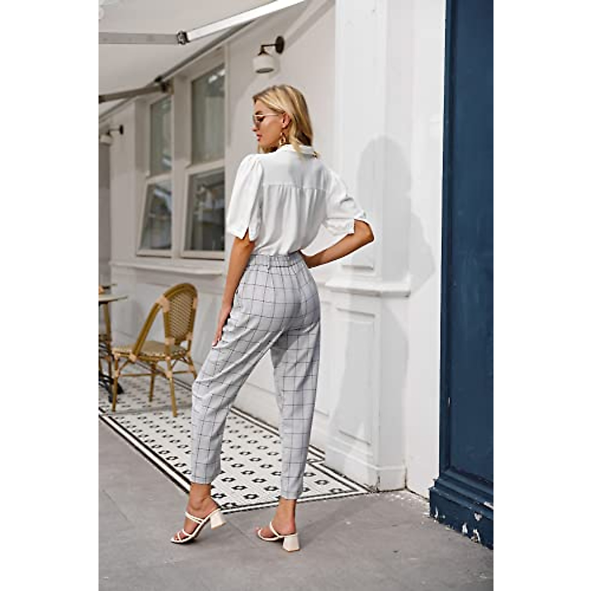 Women Pants Elastic Waist Plaid Pants with Pockets Medium