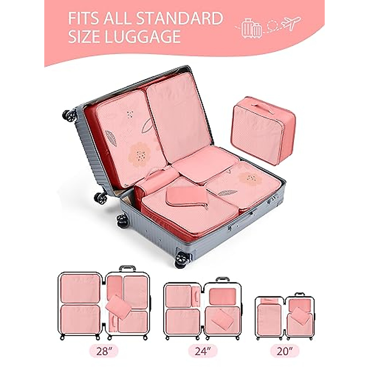 DIMJ Packing Cubes 8 Set, Travel Organizer Bags for Luggage Portable Packing Cubes for Suitcases Organizer Bags Set, Luggage Organizer for Travel Accessories. (Pink)