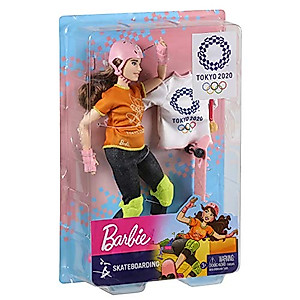 Barbie Olympic Games Tokyo 2020 Skateboarder Doll with Uniform, Tokyo 2020 Jacket, Medal, Skateboard, Wrist and Kneepads for Ages 3 and Up