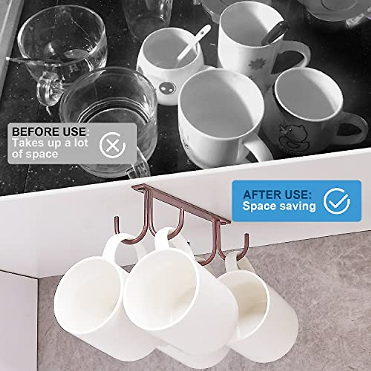 FOMANSH Mug Rack Under Cabinet - Coffee Cup Holder, 12 Mugs Hooks Under Shelf, Display Hanging Cups Drying Hook for Bar Kitchen Utensils Brown