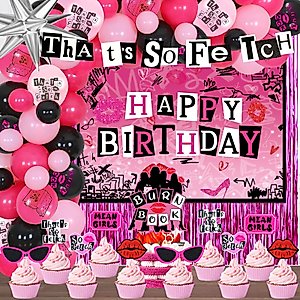 Hombae Hot Pink Lips Party Decorations, Burn Book Girls Birthday Decorations Backdrop Fringe Curtain Explosion Star 3D Disco Ball Balloon Garland Thats So Fetch Banner Cake Cupcake Topper