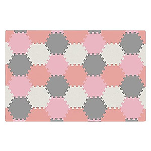 Hexagon Floor Mat Activity Mat Floor Foam Tile for Crawling, Tummy Time, and Playing 4x6 Feet Ultra Thickness Playmat for Infants and Toddlers for Nursery Room 2 Patterns in 1 (Pink White Gray)
