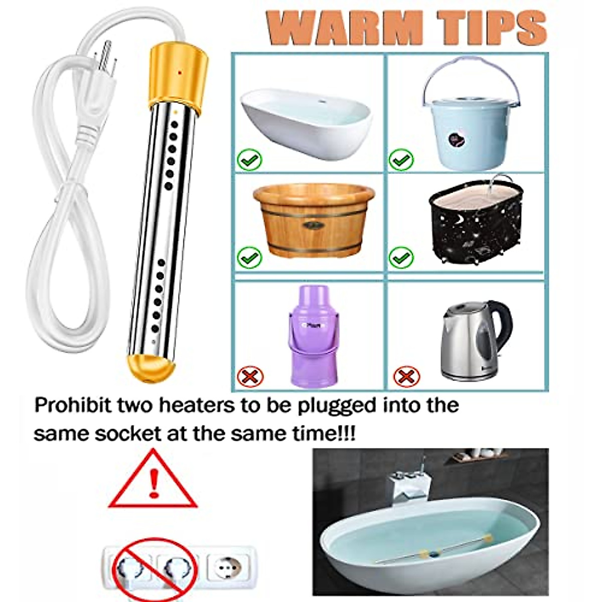 Lolicute 1500w Bucket Heater,Portable Electric Immersion Heater, Bathtub Heater Hot Water for Kitchen/Bathroom/Outdoor with Digital Thermometer