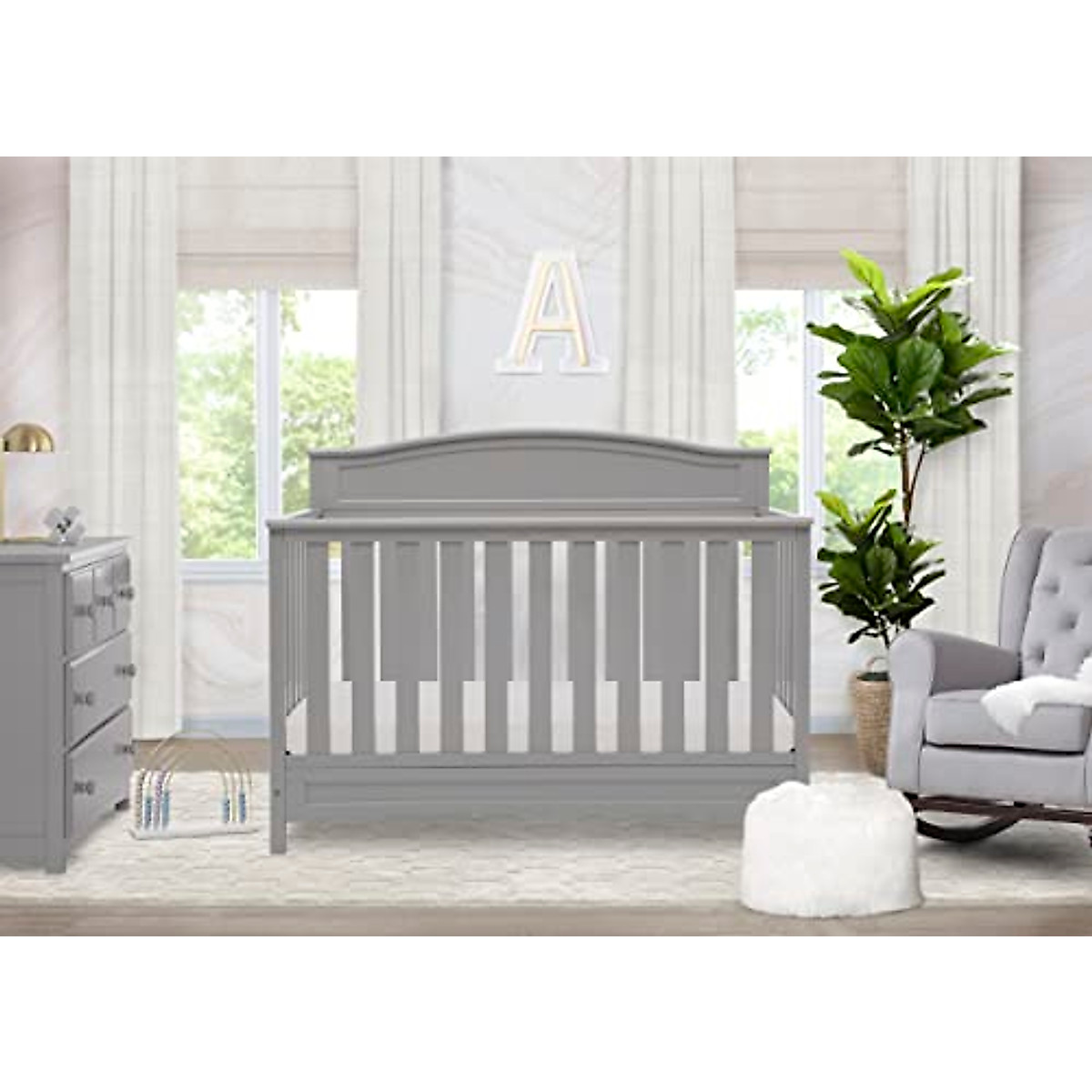 Delta Children Emery Crib 7-Piece Baby Nursery Furniture Set–Includes: Convertible Crib, Glider, Dresser, Changing Top, Crib Mattress, Sheets, & Changing Pad, Grey