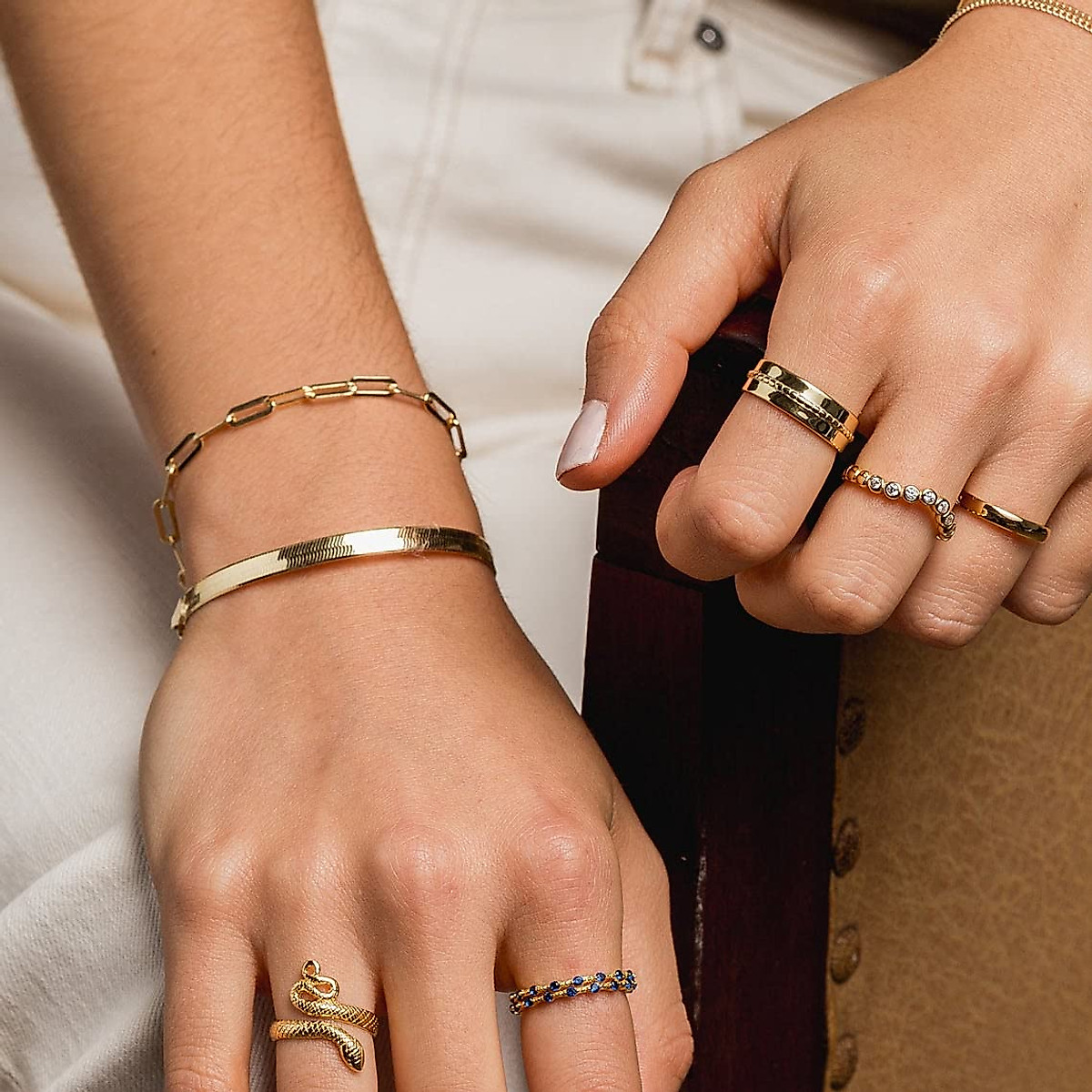 NUZON Gold Snake Chain Bracelet for Women 18K Gold Plated Adjustable 5MM Flat Flexible Herringbone Link Bracelet Charm Minimalist Jewelry