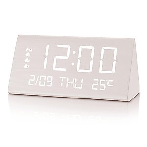 JALL Digital Alarm Clock, with Wooden Electronic LED Time Display, 3 Alarm Settings, Weekday/Weekend Mode, Temperature Detect, Wood Made Electric Clocks for Office, Bedroom, Bedside