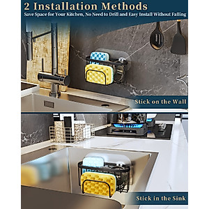 Consumest Sponge Holder with U Shape, SUS304 Stainless Steel Sponge Holder for Kitchen Sink with Adhesive 2 Hanging Way, No Drilling Sink Sponge Holder for Sponge, Brush, Sink Stopper and Steel Wool