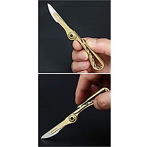 SZHOWORLD Mini Brass Pocket Knife EDC Utility Knife with 10 Extra Replaceable Blades, Portable Sharp Folding Knife with Back Clip