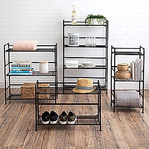 Flipshelf Folding Metal Bookcase-Small Space Solution-No Assembly-Home, Kitchen, Bathroom and Office Black, 3 Shelves, Wide