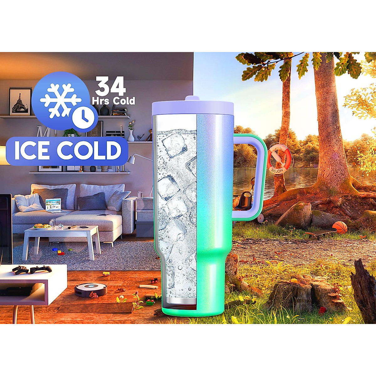 Meoky 40 oz Tumbler with Handle and Flip Straw, 100% Leakproof Tumbler with Lid and Straw, Stainless Steel Insulated Cup, Cupholder Friendly, Keeps Cold for 34 Hours (Fairyland)