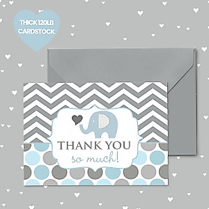 Paper Clever Party Blue Elephant Thank You Cards with Envelopes for Boys Baby Shower, Gender Reveal, Birthday, Everyday Occasions, Small Folded Note Set, 20 Pack