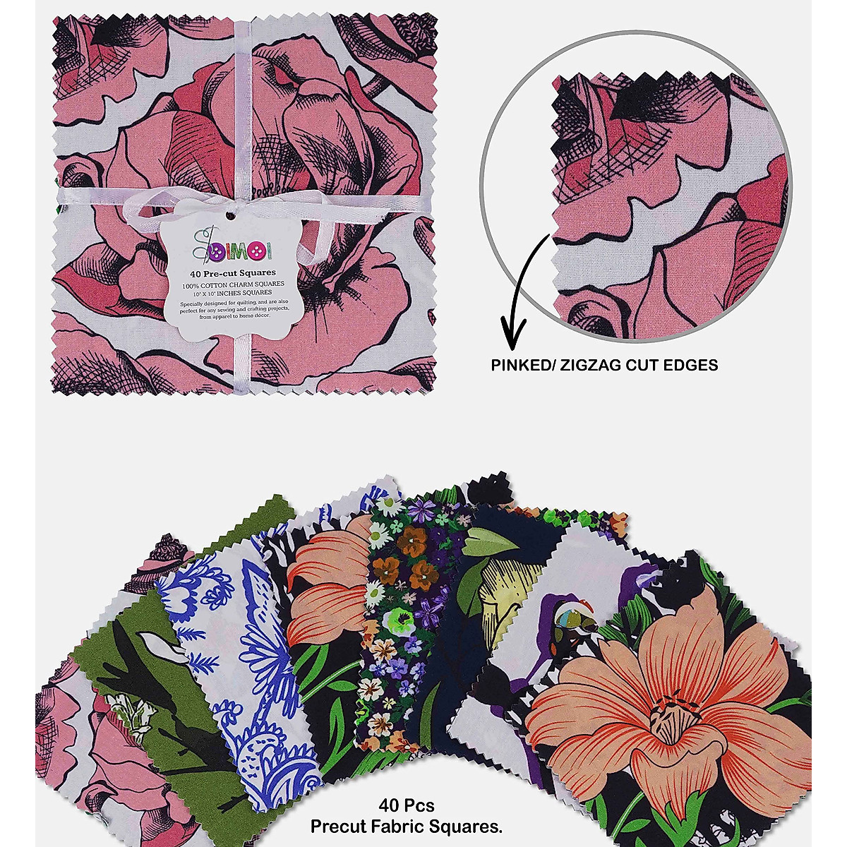 Soimoi Precut 10-inch Floral Prints Cotton Fabric Bundle Quilting Squares Charm Pack DIY Patchwork Sewing Craft- Multicolor-VB