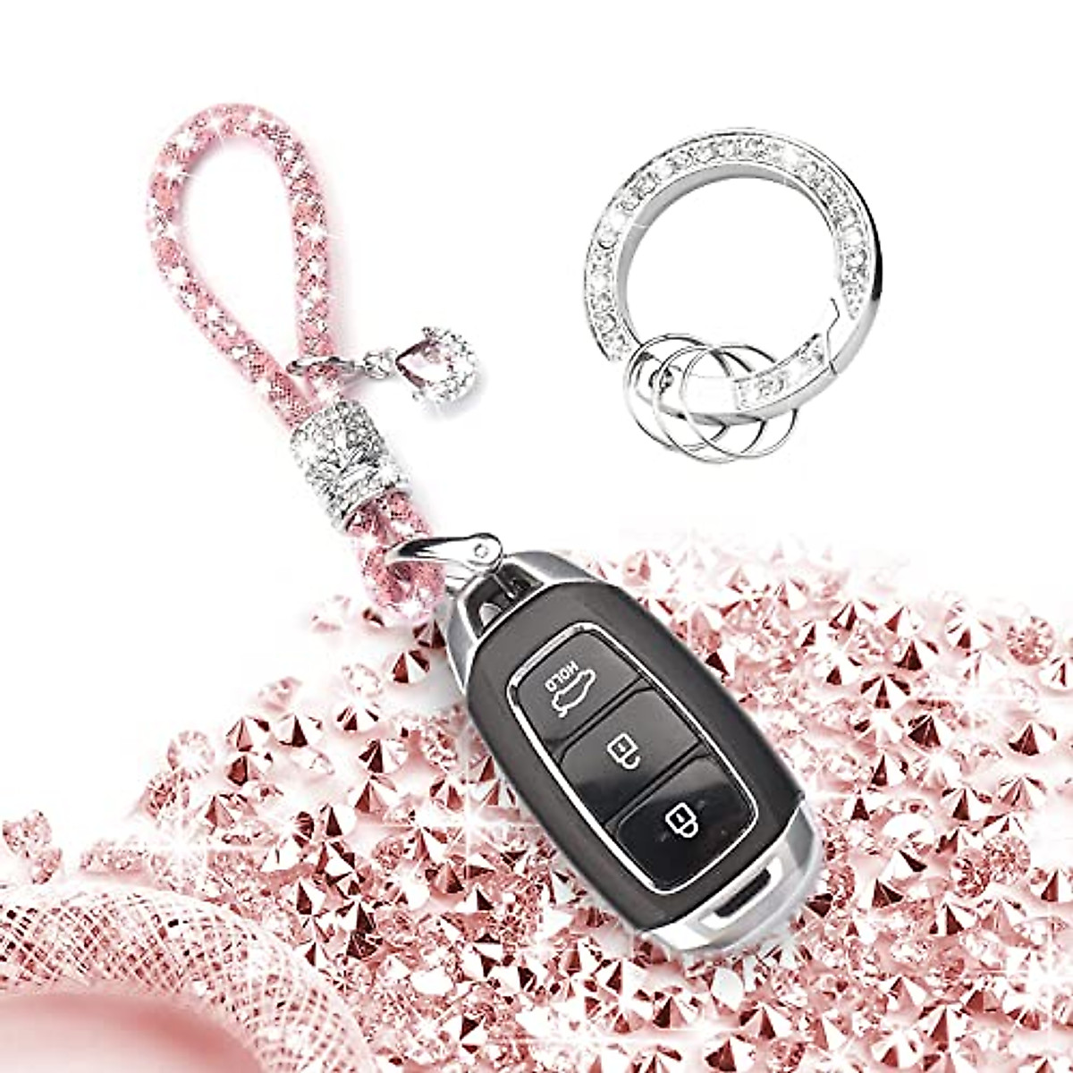 Jawmoy Pack-1 Bling Car Keychain, Rhinestones Keychain Accessories, Metal Crystal Key Chain Ring (Pink)