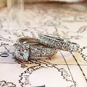 2PCS Simulated Diamond Ring for Women Wedding Rings for Bride Engagement Ring (Silver, 9)