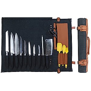 Chef knife roll bag large | stores 10 knives, 3 kitchen utensils Plus leather zipper pouch size open: 28" x 20" | waxed canvas knife carrier | easily carried shoulder strap professional chefs