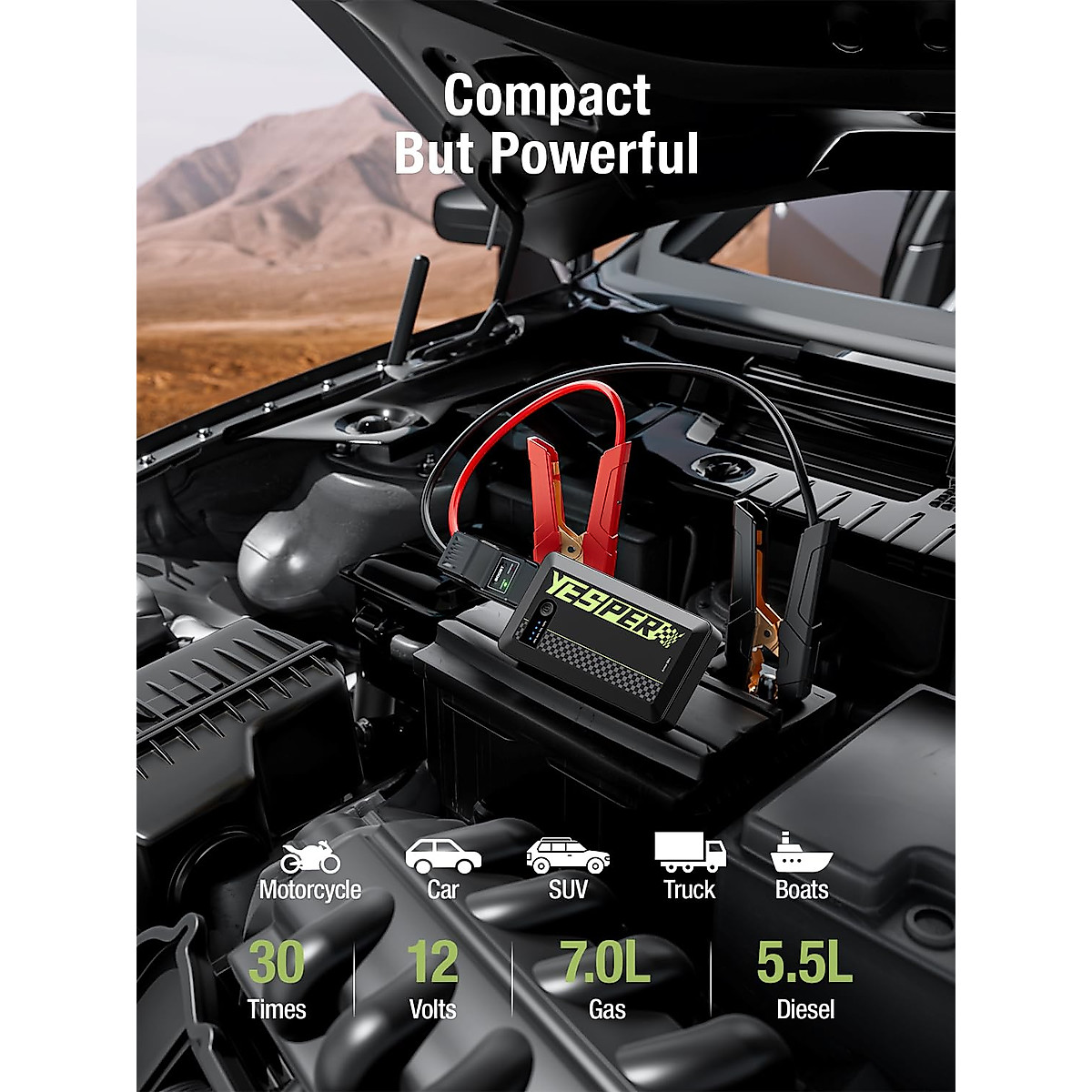YESPER Jump Starter Portable,1500A Peak Car Jumper Starter Portable, Jump Box for Car Battery, 12V Auto Battery Booster Pack(Up to 6L Gas and 4L Diesel Engine)with Smart Safety Jumper Cable&LED Light