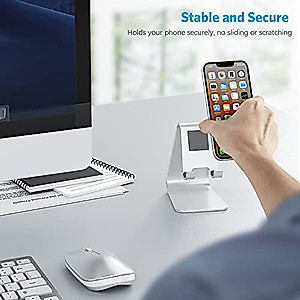 [2 Pack] OMOTON Cell Phone Stand, Aluminum Desktop Phone Holder Cradle Office Supplies Decor for 13 12 11 Pro Max, Mini XR XS SE, iPad Mini and Android Phones (Silver + Rose Gold)