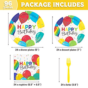 DECORLIFE Birthday Plates and Napkins Party Supplies Serves 24, Birthday Party Supplies for Kids Adults Girls Boys, Rainbow Confetti Balloons Party, Total 96PCS