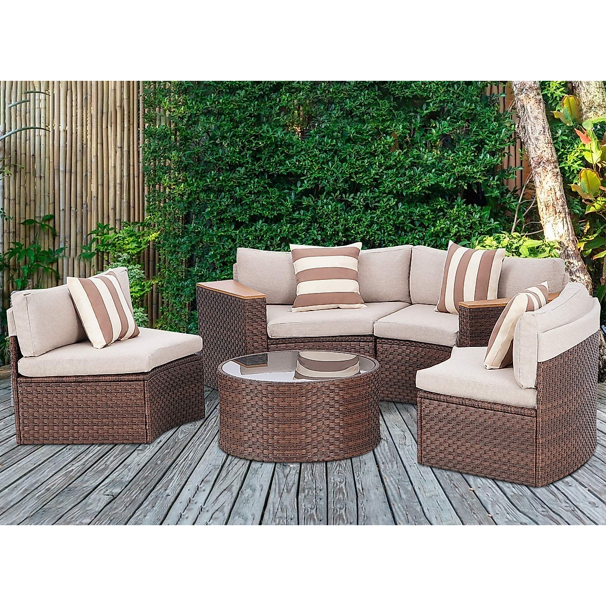 Betterland 5 Piece Curved Outdoor Sectional Sofa Half-Moon Patio Furniture Set, All-Weather PE Rattan Wicker Patio Conversation Set with Washable Cushion and Glass Table(Brown)