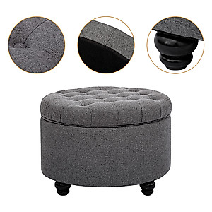 CangLong Large Button Tufted Fabric Round Storage Ottoman with Storage for Living Room & Bedroom,Dark Grey
