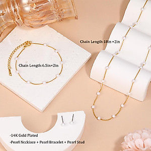 KesaPlan Gold Jewelry Set for Women Pearl Necklace and Earring Set 14K Gold Pearl Stud Earrings Adjustable Pearl Bracelets Pearl Choker Necklace Wedding Jewelry for Women