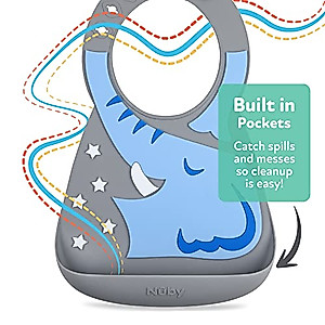 Nuby On The Go Silicone 3D Bib with Scoop to Catch Mess, Roll to Go, 6 M+, Elephant (Pack of 2)