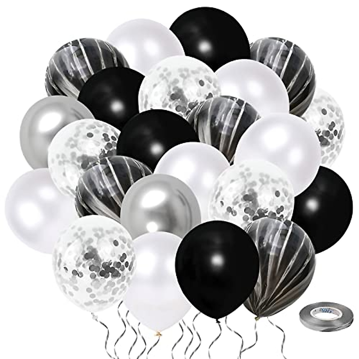 Black White Silver Party Balloons, 50pcs 12 Inch Thicker Marble Black and Pearl White Metallic Confetti Latex Balloons with Ribbon for Birthday Anniversary Decorations