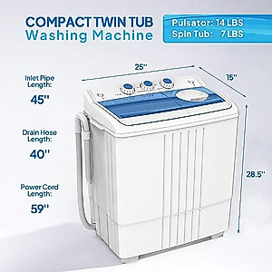 ROVSUN 21LBS Portable Washing Machine, Mini Compact Twin Tub Clothes Washer with Washer(14LBS) and Spinner(7LBS) & Pump Draining, Great for Home Dorms Apartments RV Camping (White & Blue)
