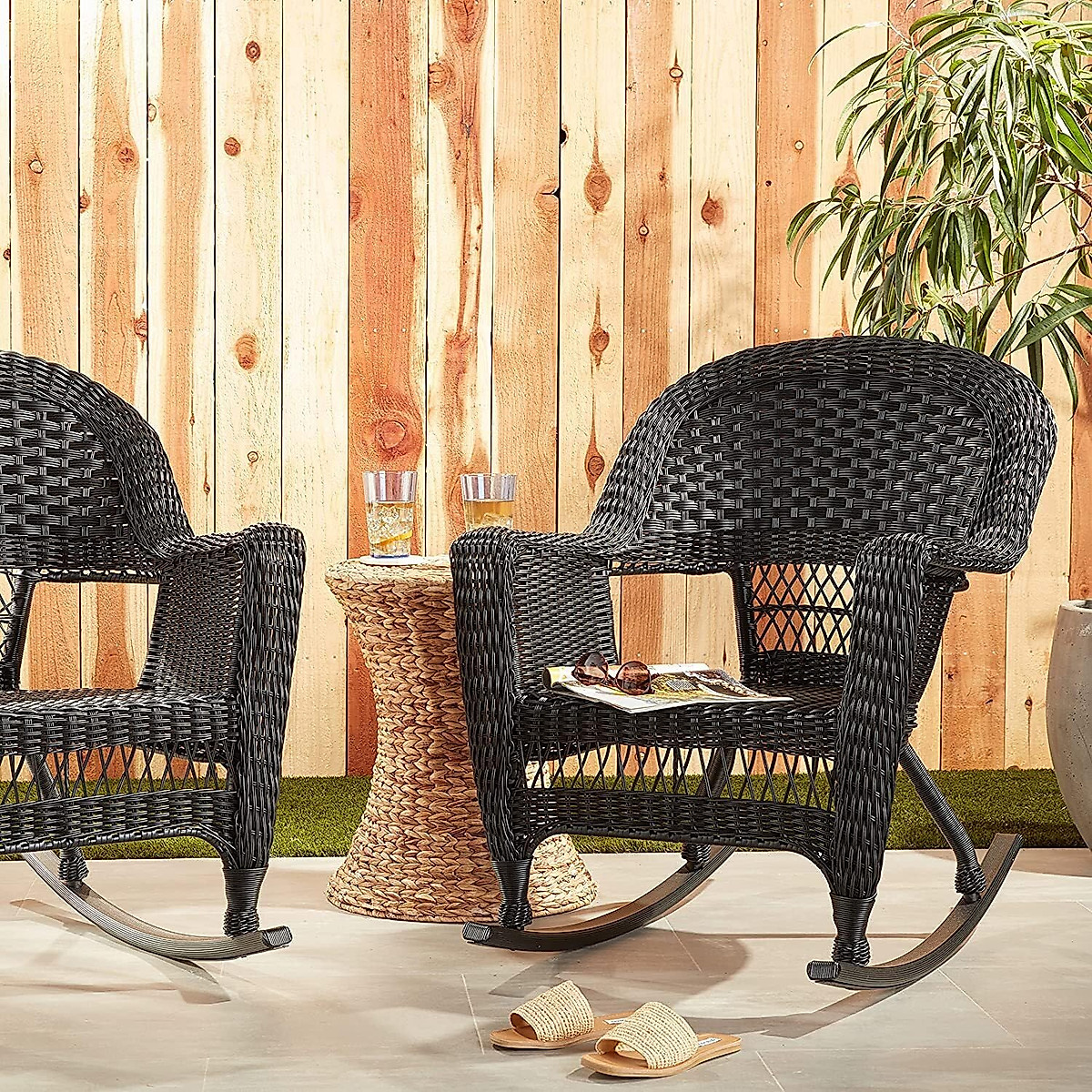Jeco Rocker Wicker Chair with Cushion, Set of 2, Black