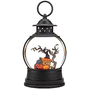 HOLYHOM Halloween Snow Globe Lantern - Lighted Snow Globe Halloween Decorations with Music and 6H Timer, 10" Black Cat Glitter Lantern for Halloween Party Indoor Home Décor, DWHTY-SG4320HW