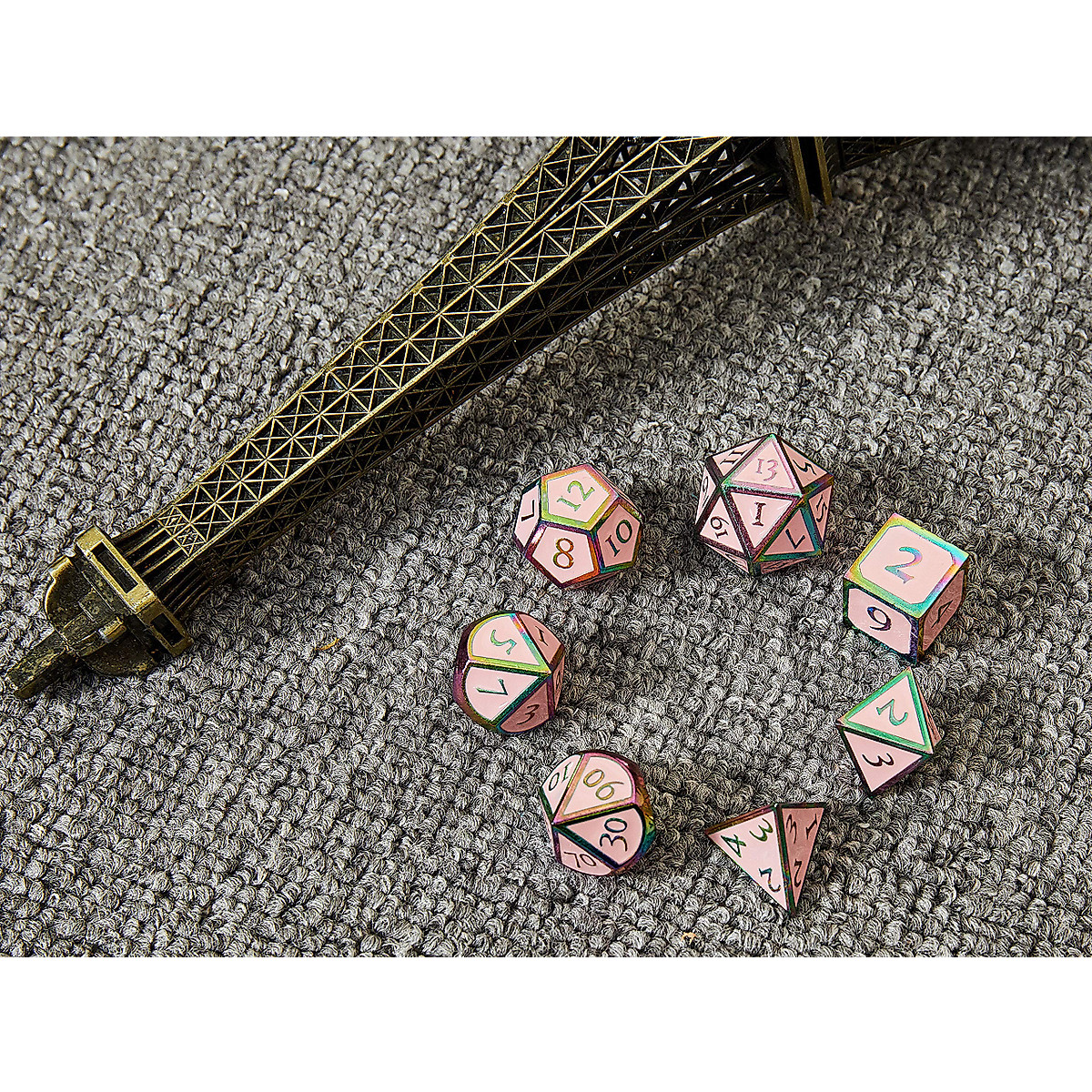 DND Metal Game Dice Set Cream Pink with Rainbow Edge 7pcs Set for Dungeons and Dragons RPG MTG Table Games D4 D6 D8 D10 D12 D20