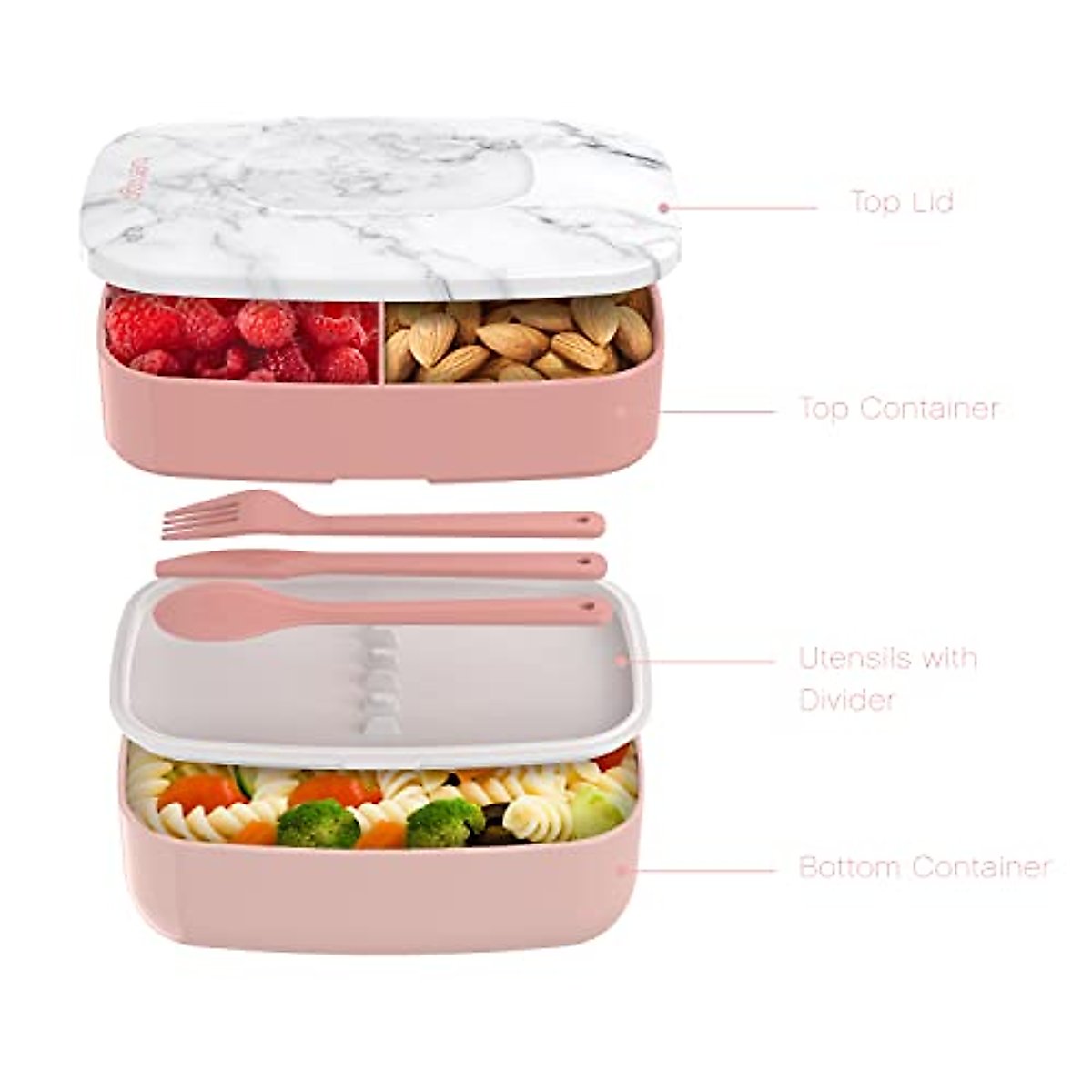 Bentgo Classic - All-in-One Stackable Bento Lunch Box Container - Modern Bento-Style Design Includes 2 Stackable Containers, Built-in Plastic Utensil Set, and Nylon Sealing Strap (Blush Marble)