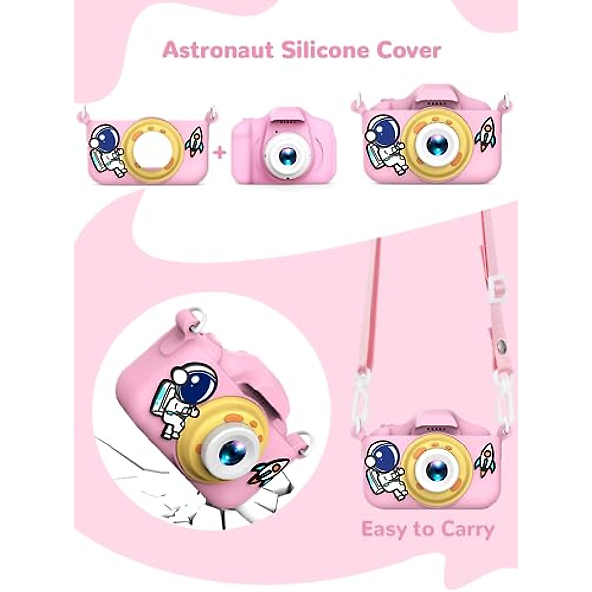 Andoer Kids Camera Toy Children Mini Camera Dual Front and Rear Digital Camera, Gift for Boys and Girls 3-12 Year Old with Astronaut Cartoon Soft Silicone Cover 32GB Card & USB 2.0 Card Reader