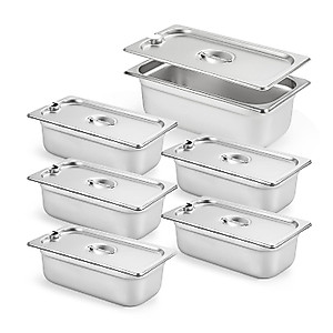 CURTA 6 Pack Anti-Jam Slotted Hotel Pans with Lids, 1/3 Size 4 Inch Deep, NSF Commercial 18/8 Stainless Steel Chafing Steam Table Food Pan with Covers