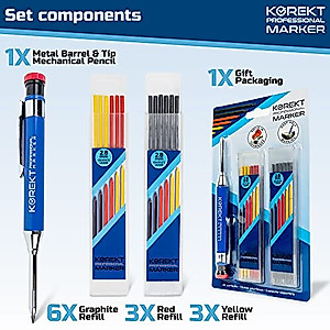 Solid Metal Barrel Mechanical Carpenter Pencil Set with 12 Refills, Construction Marker Tool with Built-in Sharpener for Woodworking, Holder with Long Nose for Deep Hole Marking, Welding and Carpentry