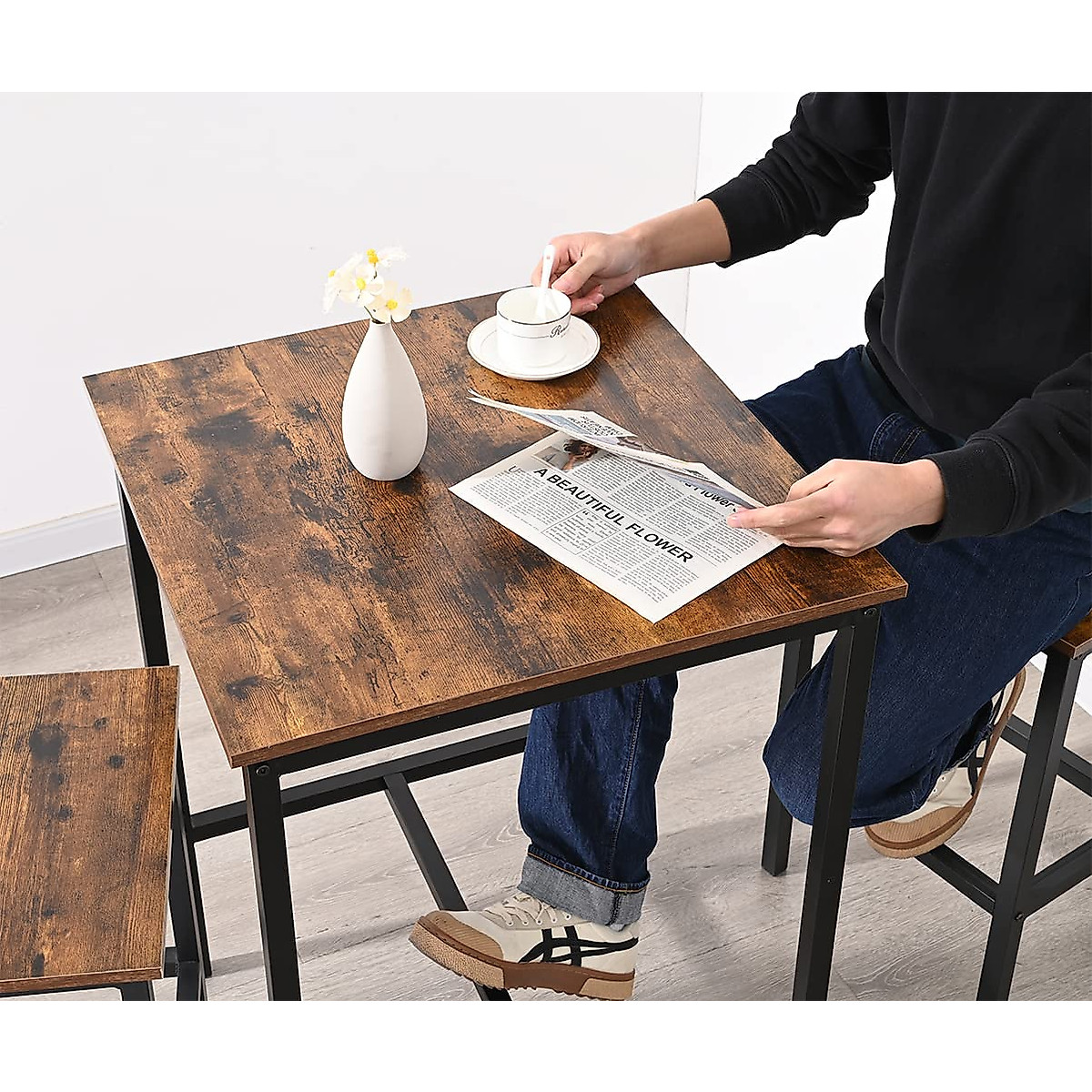 RokiaTek Bar Table Pub Dining Height Table Small Kitchen Table 23.6”L x 23.6”W x 36.4”H Industrial for Living Room Study, Steel Frame and MDF Table Top, Rustic Brown and Black