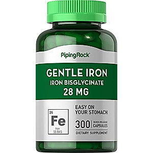 Gentle Iron 28 mg | 300 Capsules | Iron Bisglycinate | Easy on Stomach | Non-GMO, Gluten Free Supplement | by Piping Rock.