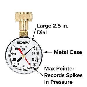 Reotemp PD25H 2.5" Home Water Pressure Test Gauge with Max Pointer, 0-160 PSI, 3/4" Female Garden Hose Thread, Hose Bib Gauge