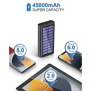 Portable Charger 45800mAh Solar Power Bank Camping Waterproof External Backup Charge with 2 Outputs & Type-C Inputs 2 LED Light Flashlight Backup Battery(Black)