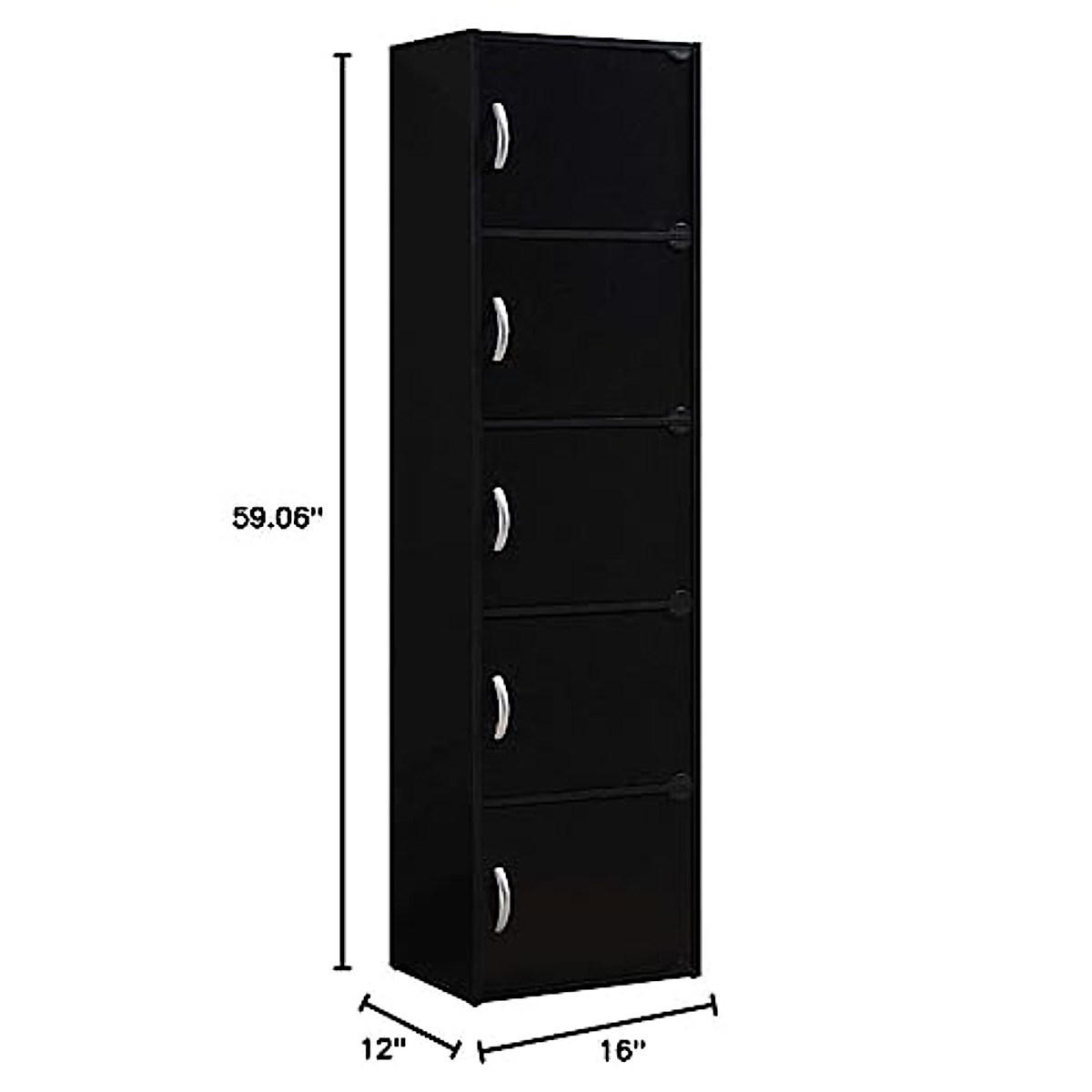 HODEDAH 5 Door Bookcase Cabinet, 5-Shelf, Black