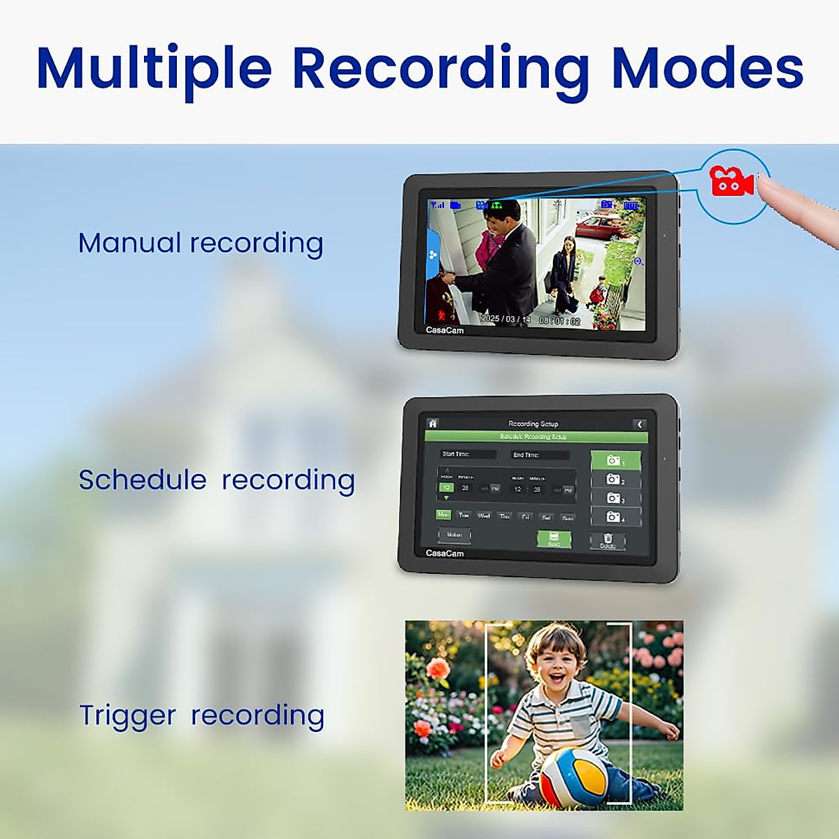 CasaCam VS802 Wireless Security Camera System with 7" Touchscreen Monitor and 2 pcs. HD Cameras, Two-Way Audio, Free APP, SD Card and Battery Installed (720p Camera, 7" Monitor)