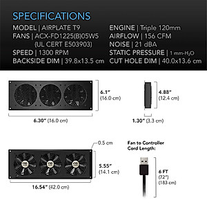 AC Infinity AIRPLATE T9, Quiet Cooling Fan System 18" with Thermostat Control, for Home Theater AV Cabinets